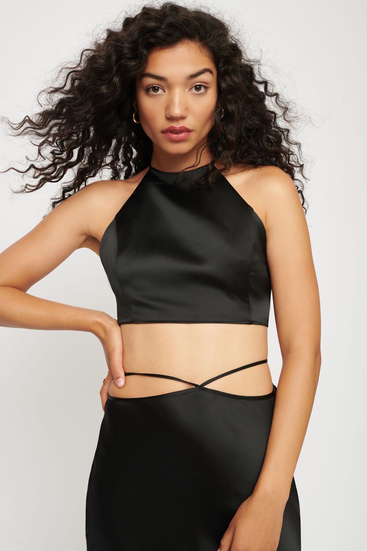 Cross-Back Satin Halter Top Black | Garage