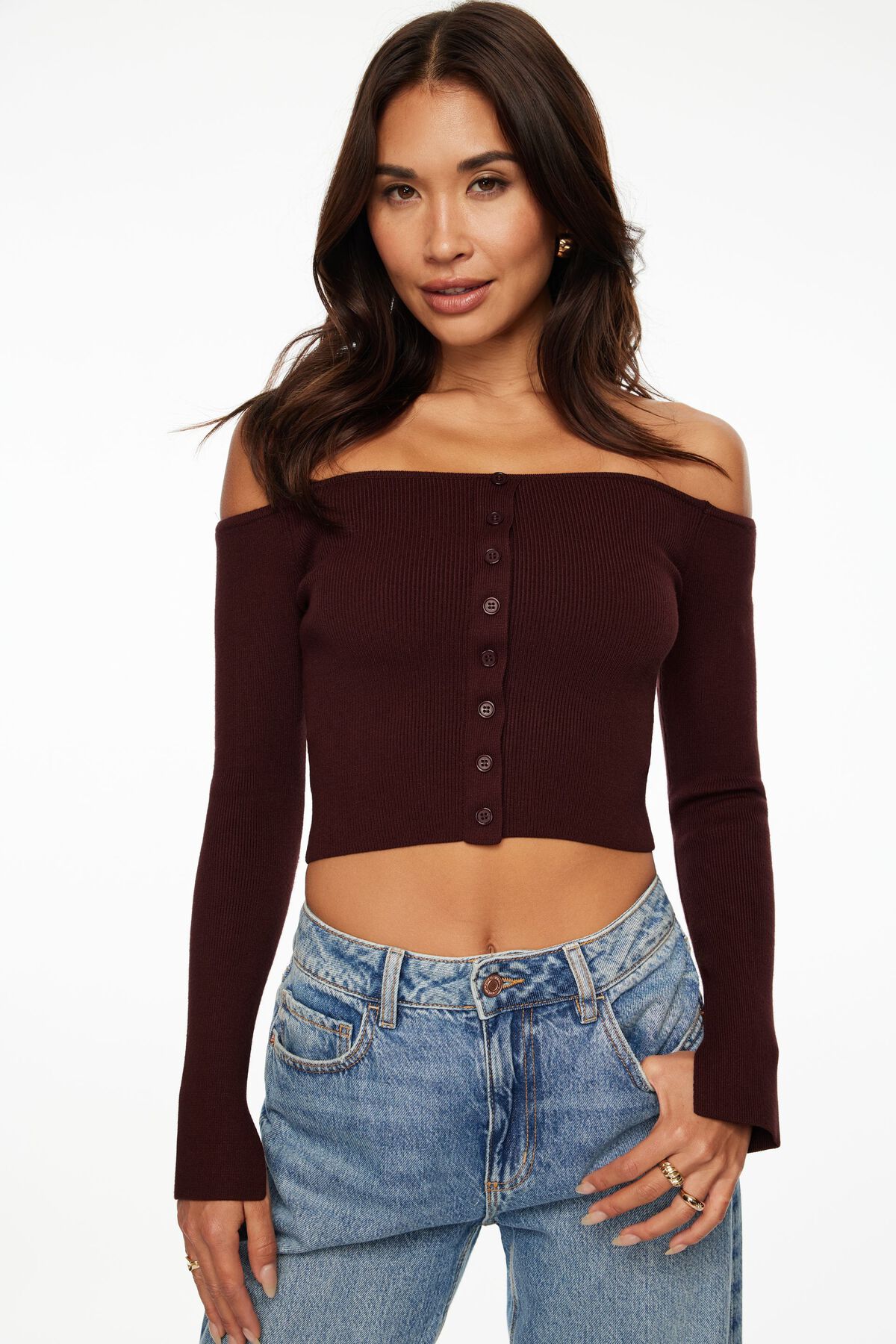 Alice Off Shoulder Cardigan Burgundy | Garage