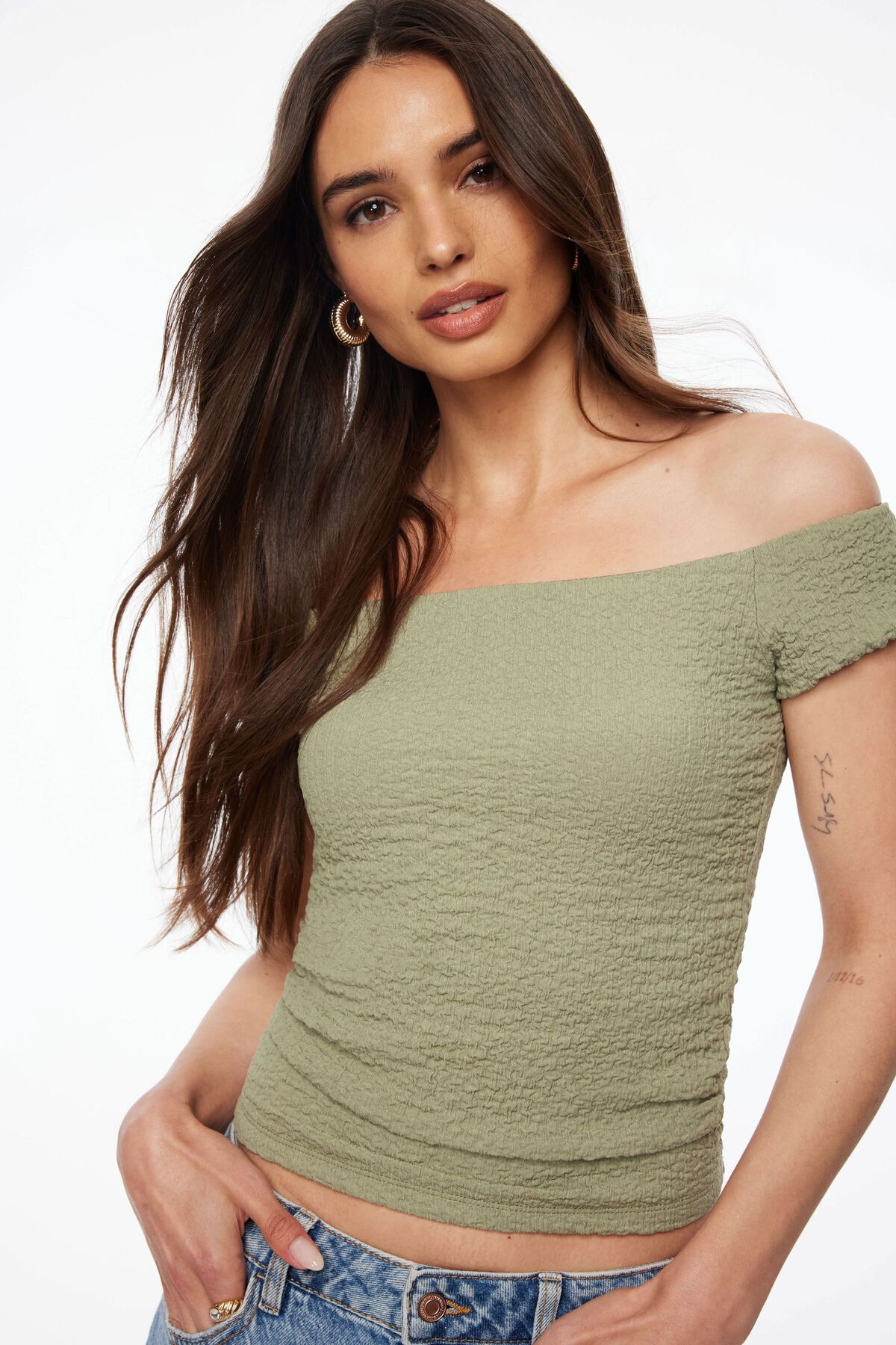 Off Shoulder Popcorn Textured Top Green | Garage