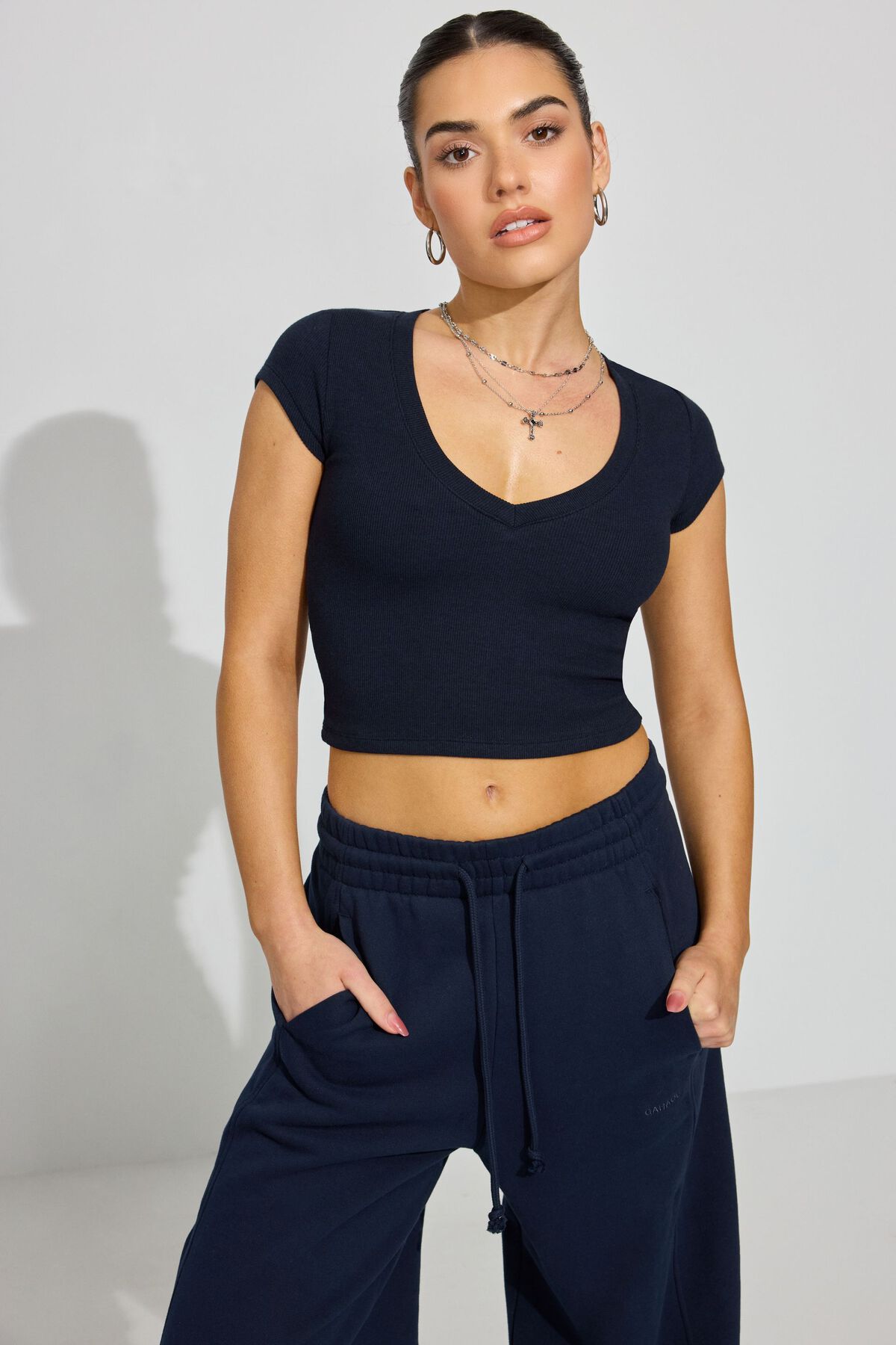 V Neck Ribbed Tee Blue | Garage