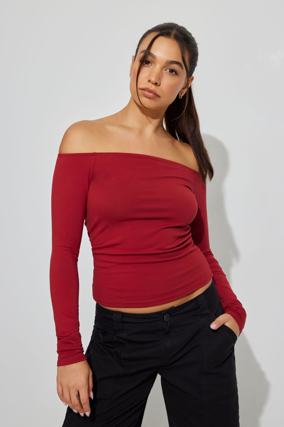 Off Shoulder Long Sleeve Top Red | Garage