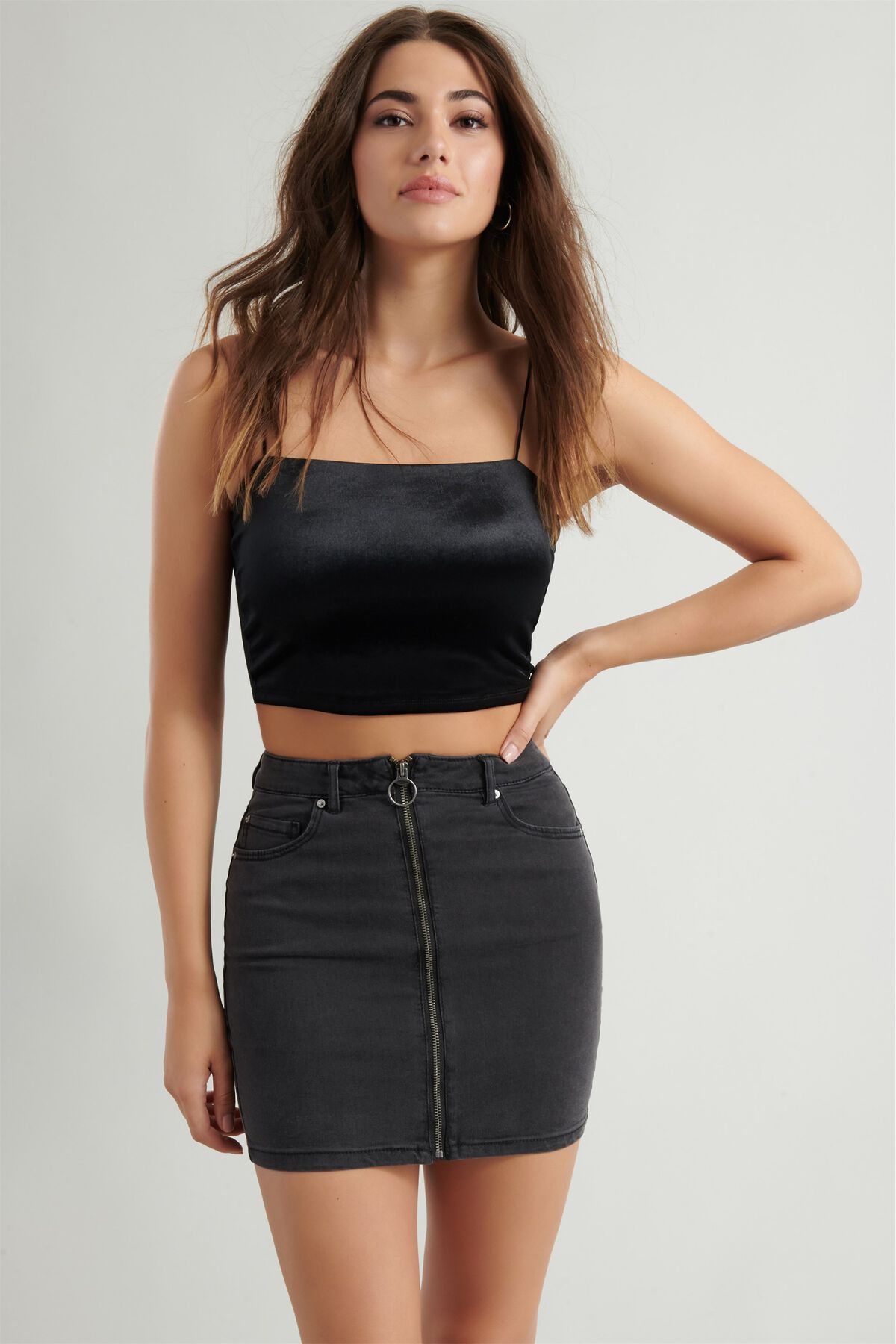 Jupe en denim à taille haute avec fermeture éclair Noir | Garage