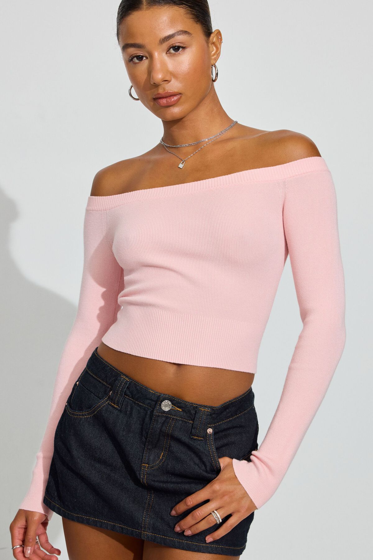 Off Shoulder Long Sleeve Top Pink | Garage