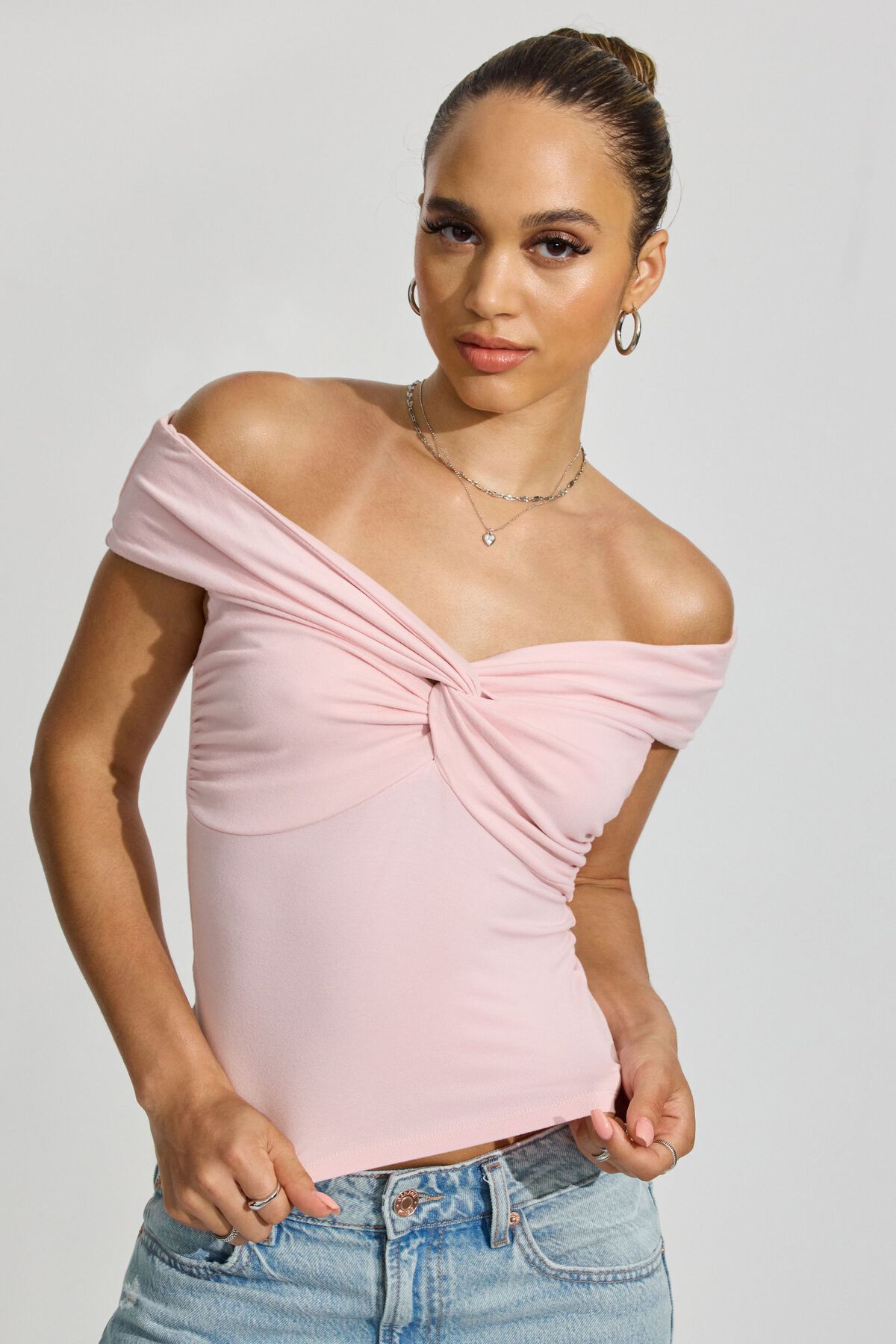 Twist Front Off Shoulder Top Pink | Garage