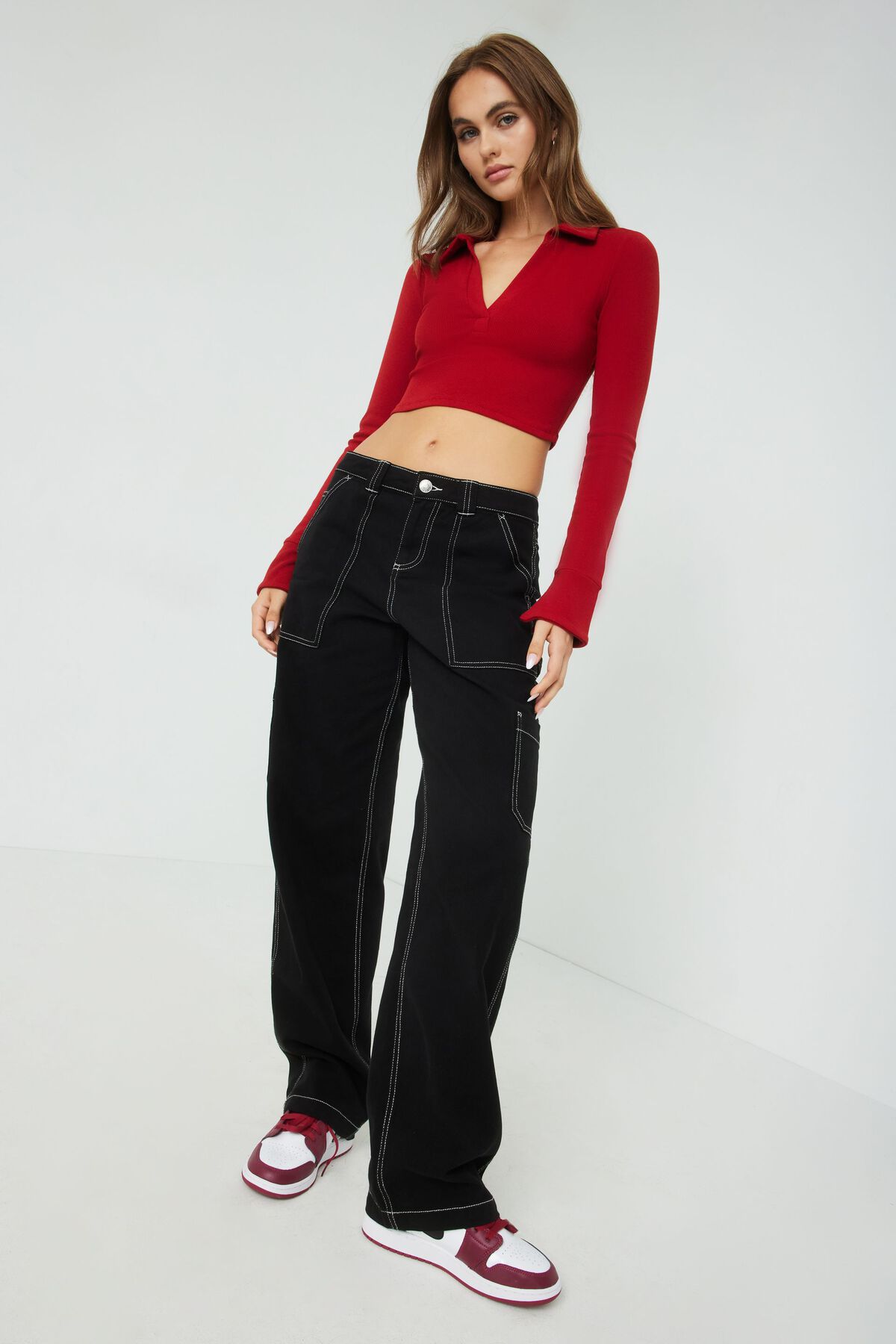 Caroline Long Sleeve Cropped Polo Top RED | Garage