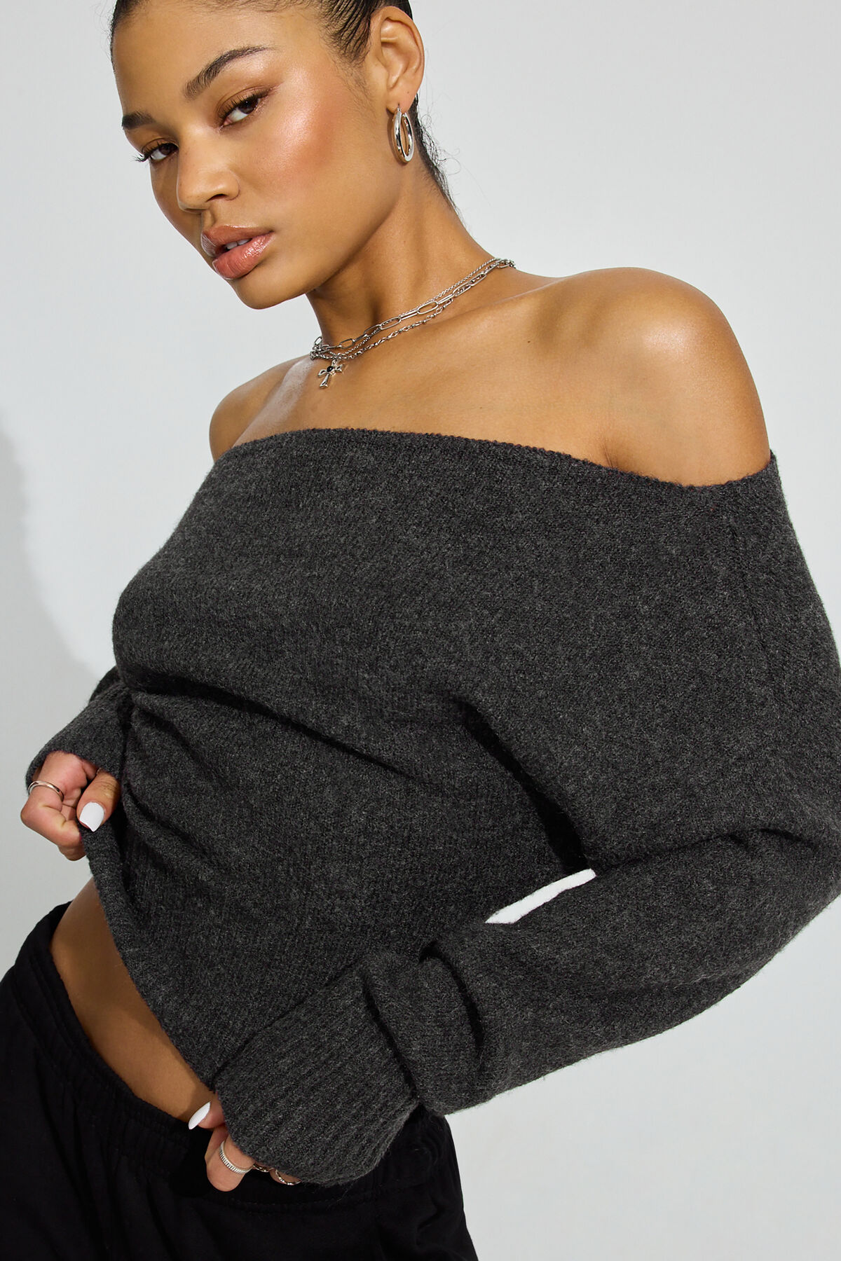 Spongy Off Shoulder Sweater Gray | Garage